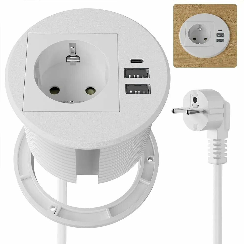 Встраиваемая выдвижная розетка для столешницы / 1 розетка + 2 USB A + USB Type-C