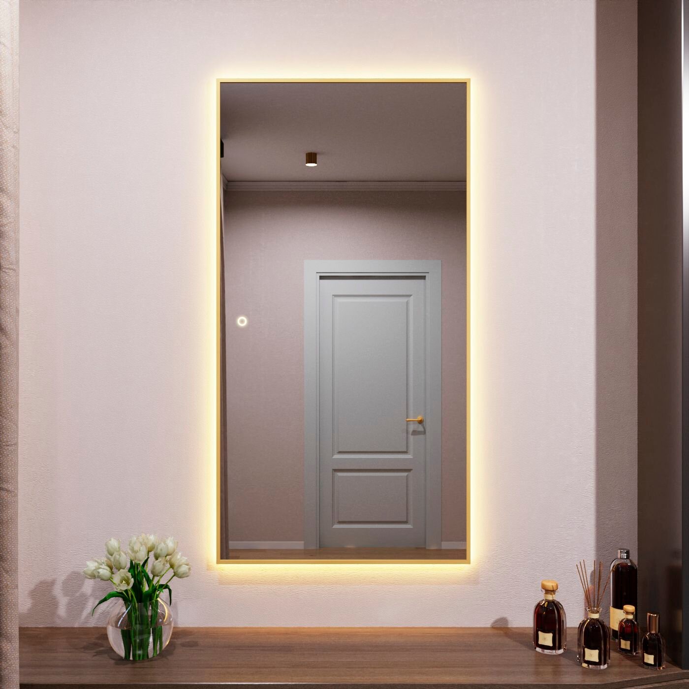 Зеркало настенное 130х60 см. BLX MIRROR с подсветкой сенсорное в алюминиевой раме, Золото