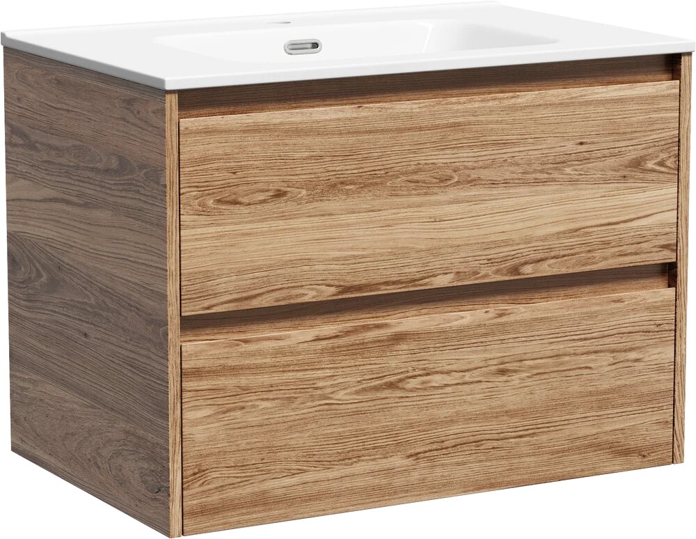 Тумба с раковиной Sancos Libra 70 подвесная, 71 см, светлое дерево, матовая, из ЛДСП, с ящиками, раковина для ванной, фарфоровая, прямоугольная, встроенный слив-перелив