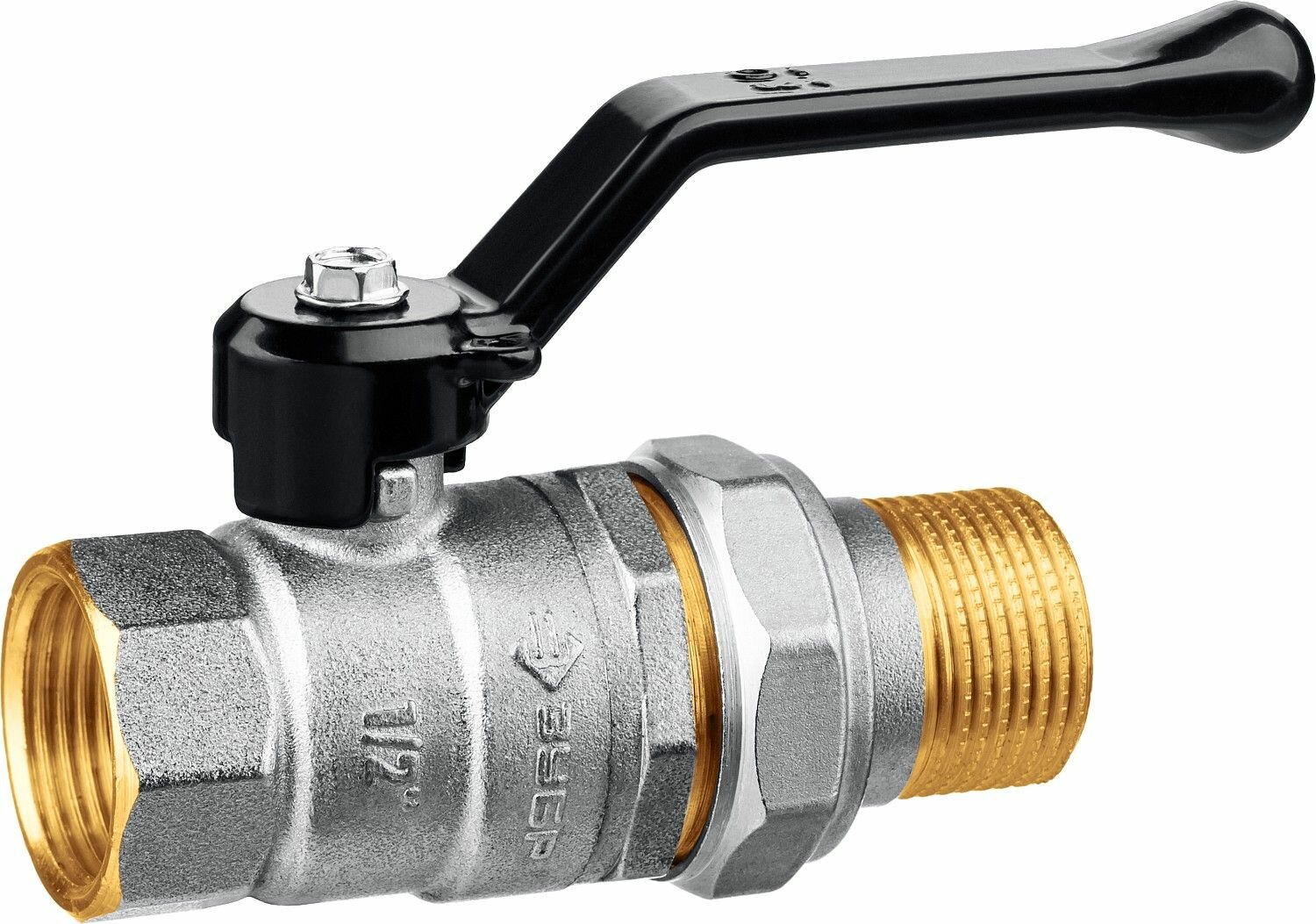 Полнопроходной шаровой кран ЗУБР d 1/2", ручка-рычаг, "мама-папа", накидная гайка 51320-1/2