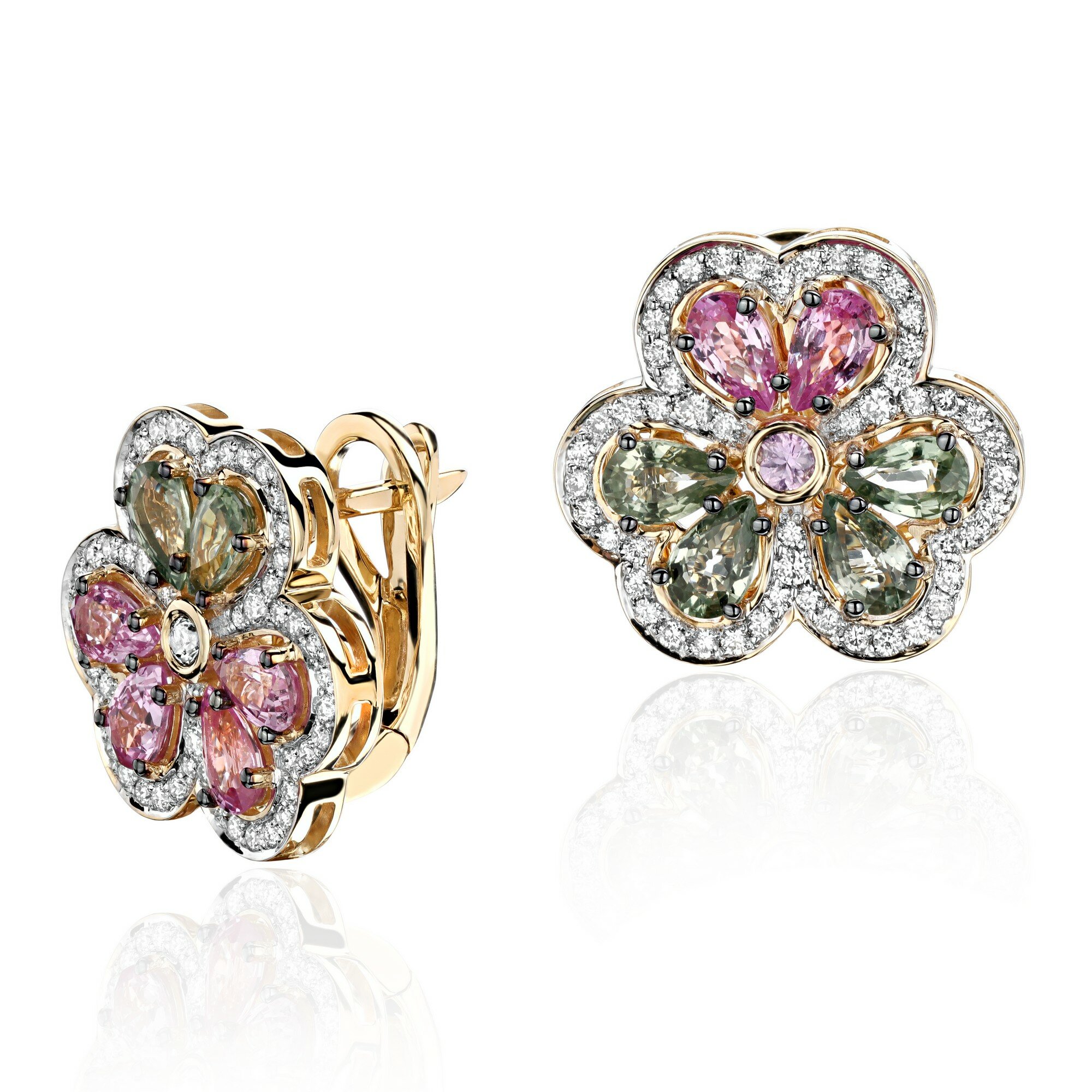 Серьги, желтое золото, 585 проба, бриллиант, сапфир