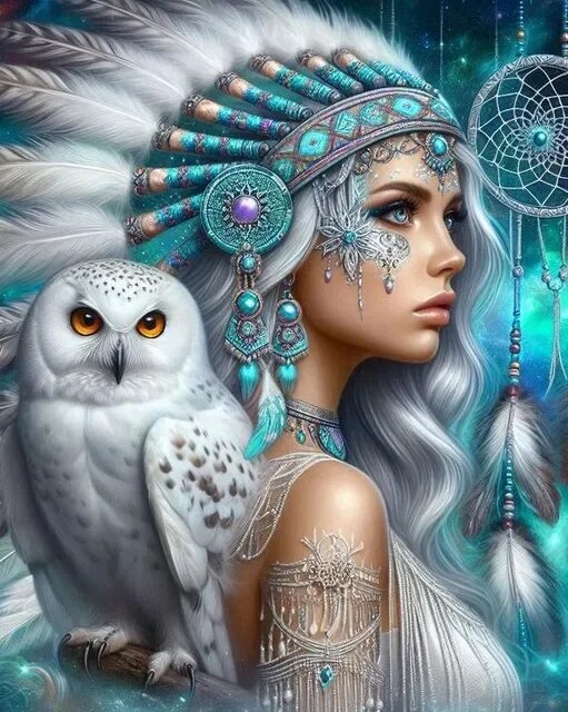 Алмазная живопись RealShining "Фэнтези, индийская женщина и белая сова" round 40x50cm, EMG5736