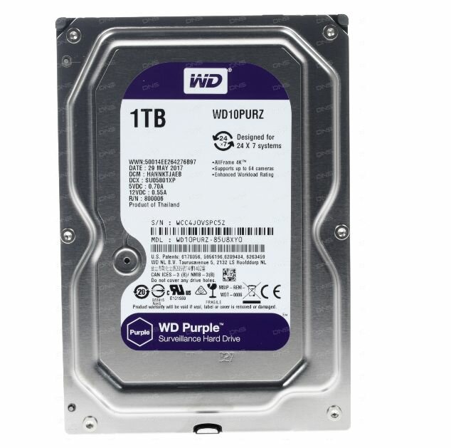 HDD 1 ТБ Жесткий диск WD Purple WD10PURZ SATA 3, 6 Гбит/с, 5400 об/мин для видеосистем