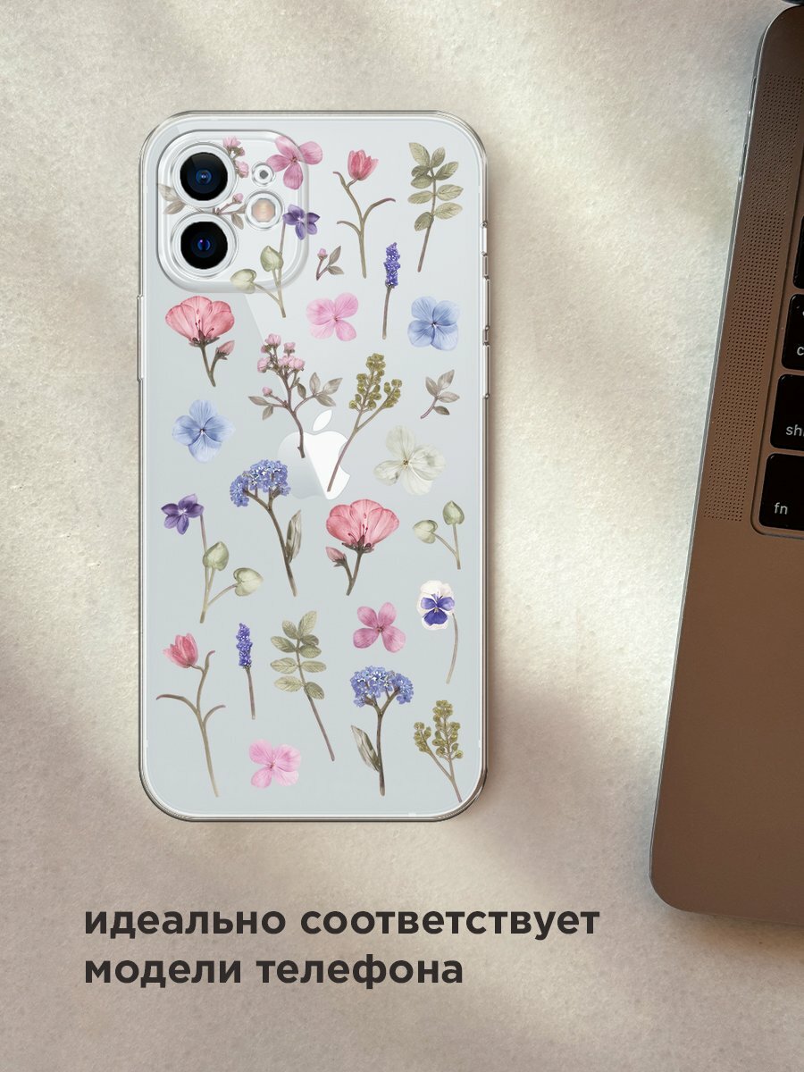Чехол на Apple iPhone 12 mini / Айфон 12 Мини с принтом "Гербарий из полевых цветов", прозрачный — фото 1