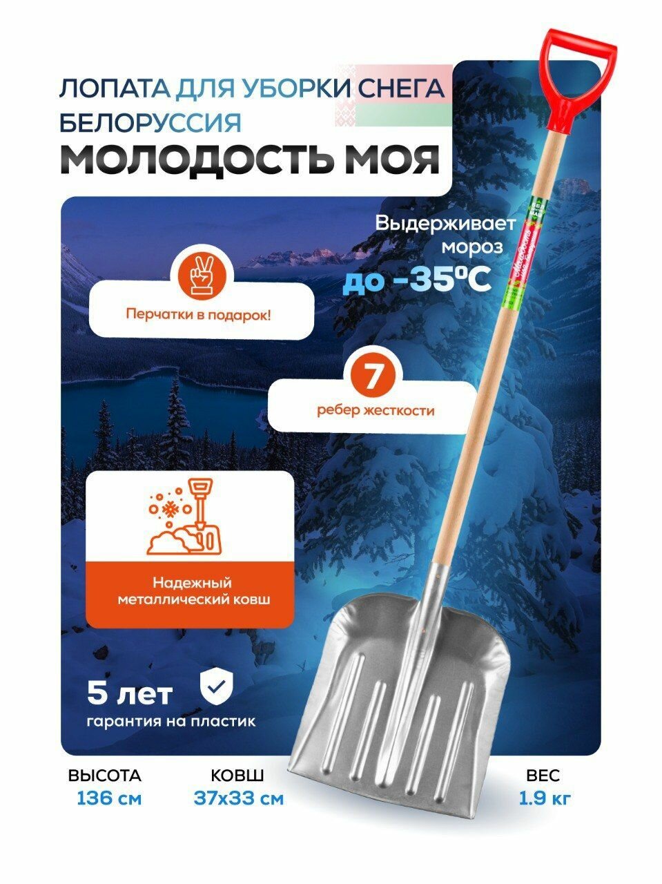 Лопата для уборки снега Молодость Моя, Белоруссия 1.9 кг. Высота 136 см, Ковш 37 см на 33 см