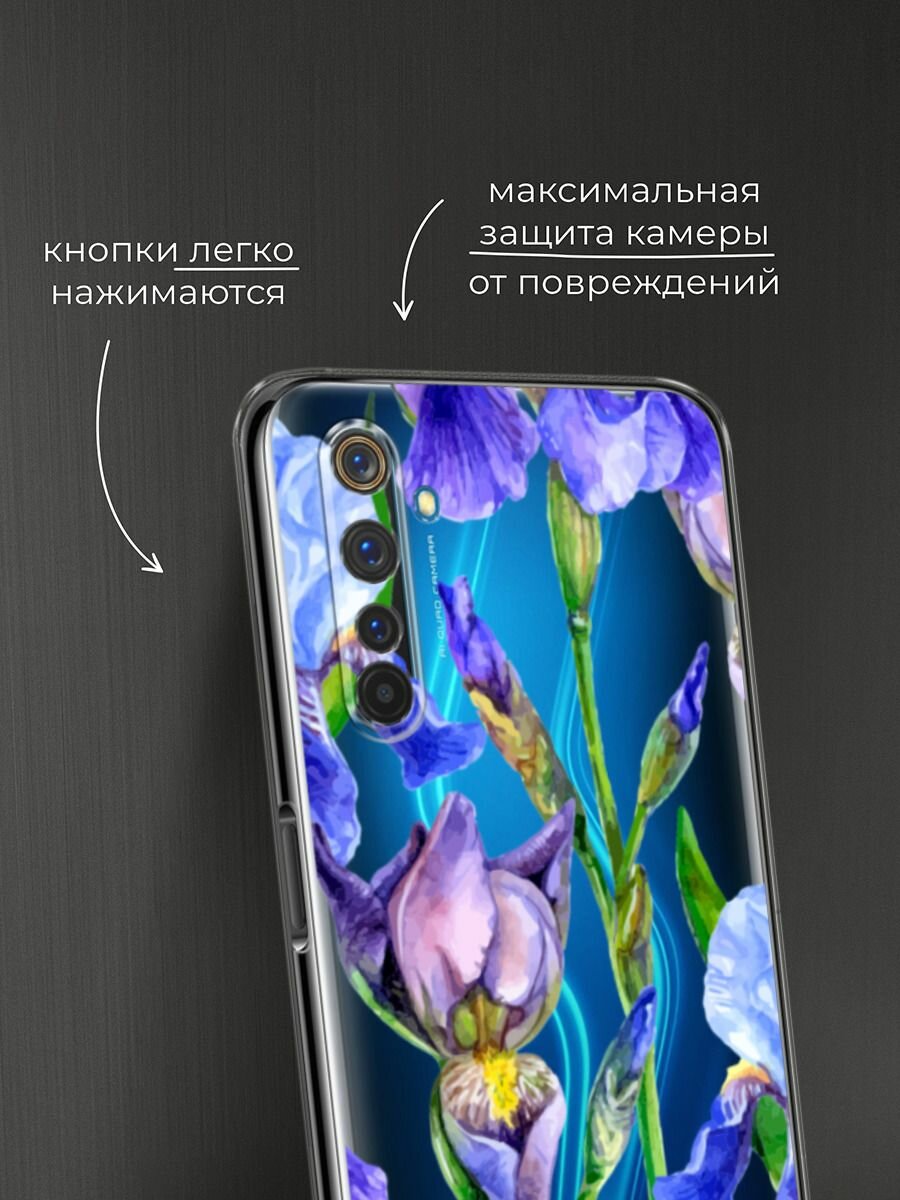 Чехол на Realme 6 Pro / Реалми 6 Про с принтом "Синие ирисы", прозрачный — фото 1
