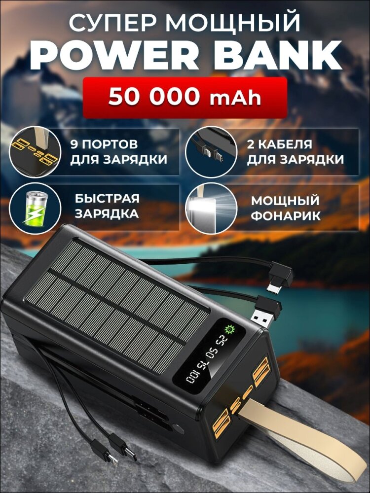 Повербанк 50000mah с солнечной панелью, внешний аккумулятор пауэрбанк power bank павербанк чёрный