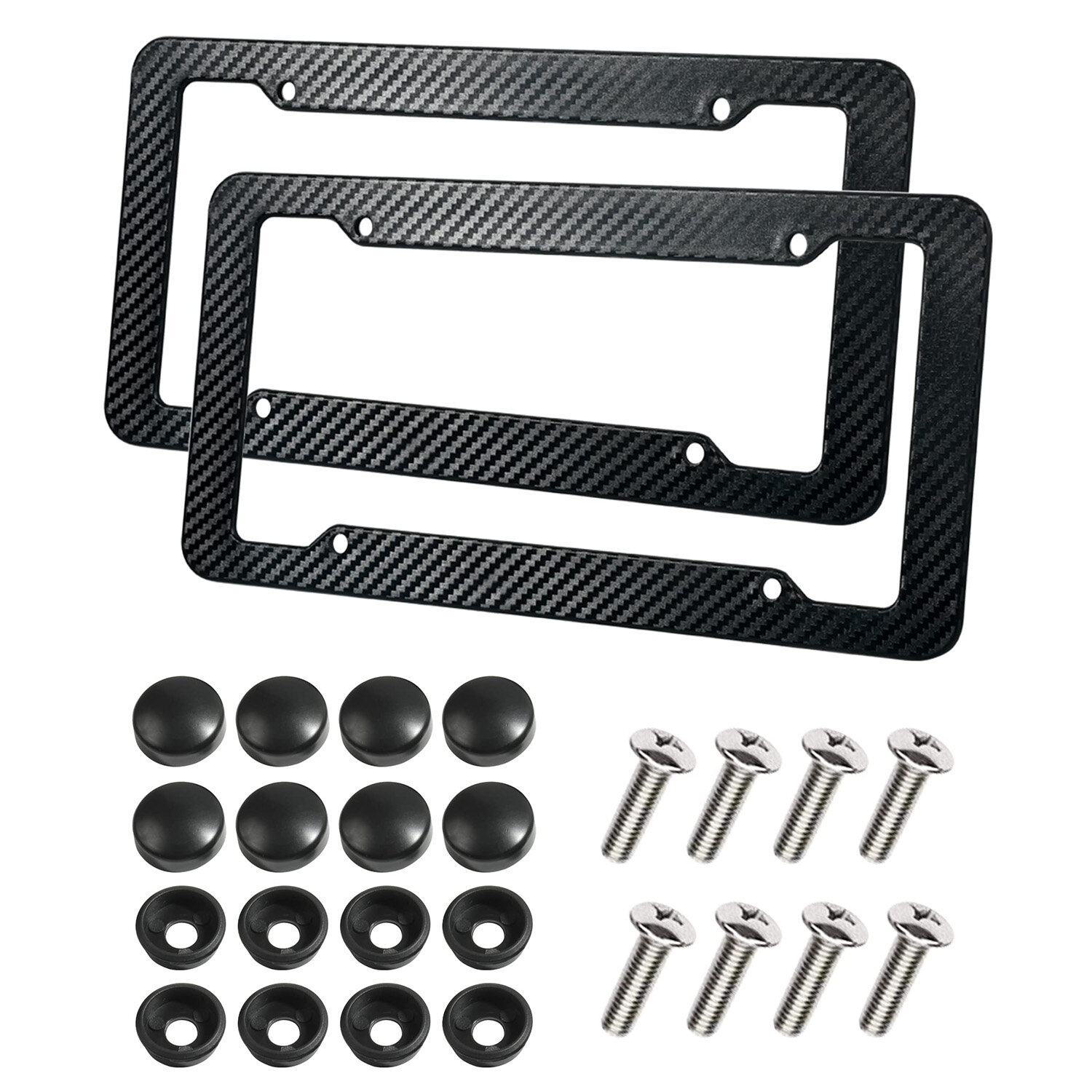 2 рамы для номерных знаков из углеродного волокна, передняя и задняя рамы для номерных знаков, тонкие чехлы для номерных знаков с крепежными элементами и винтами, универсальные кронштейны, 2 углеродных платы, 8 винтов, 8 гаек, 8 шайб, размер 12.2 x 6.3