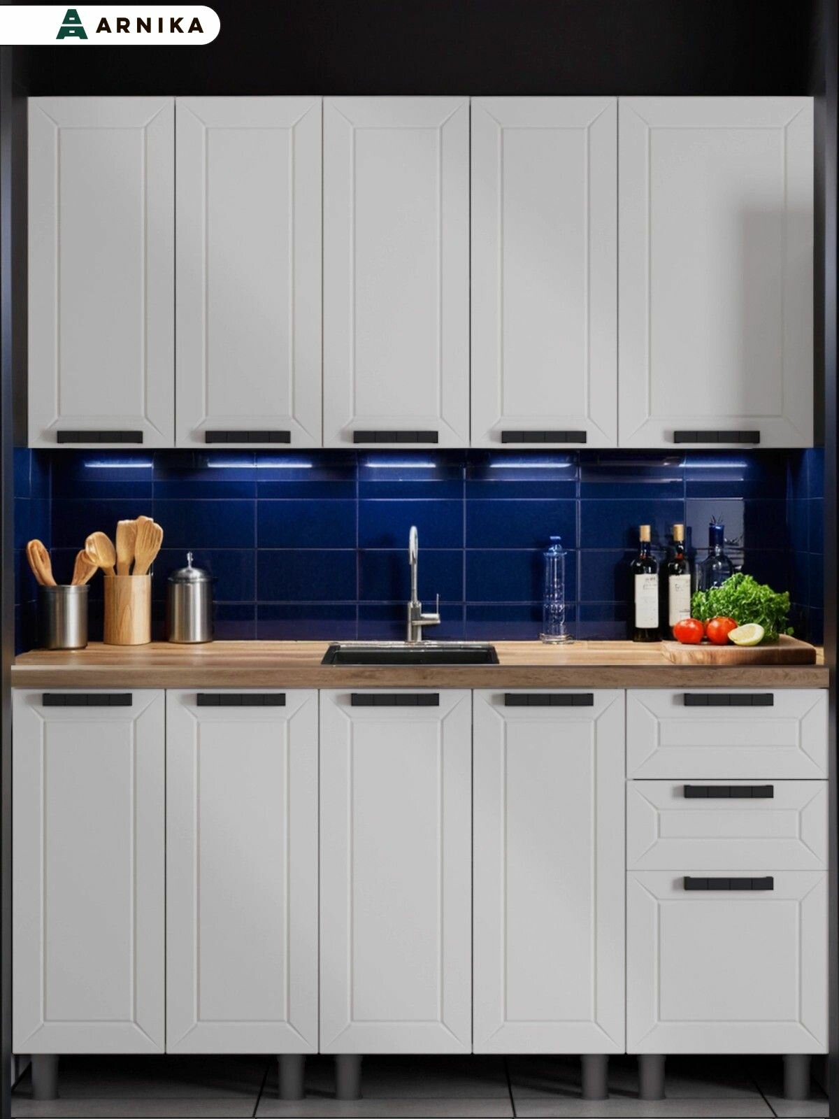 ARNIKA Кухонный гарнитур со столешницей 1,6м Молочный/Молочный, скоба черный, сонома