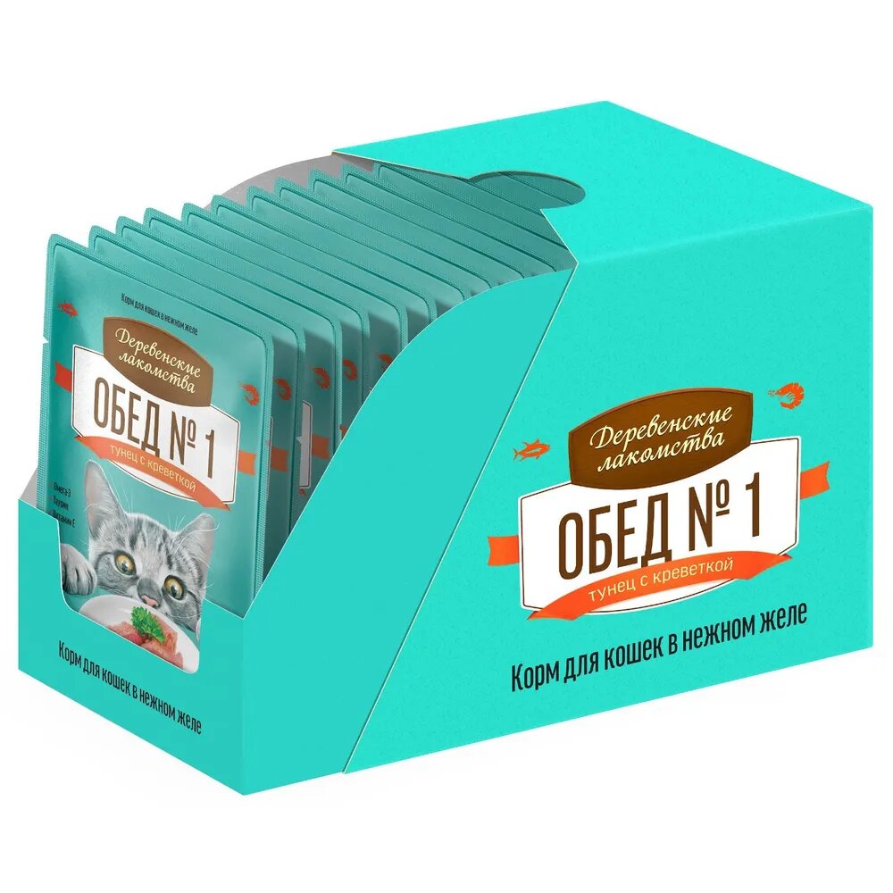 Влажный корм Деревенсие лакомства Обед №1 для кошек тунец с креветкой в нежном желе 12*50г.