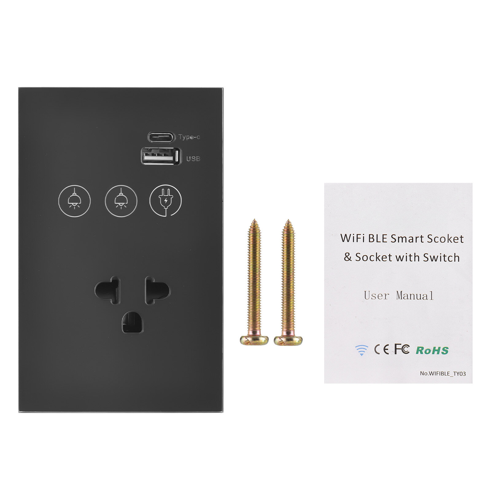 2,4 ГГц Wi-Fi стеновой сенсорный выключатель с сенсорным светом с USB-выходом Type-C Требуется 2-й вариант управления панелью с приложением для выключаемого выключателя