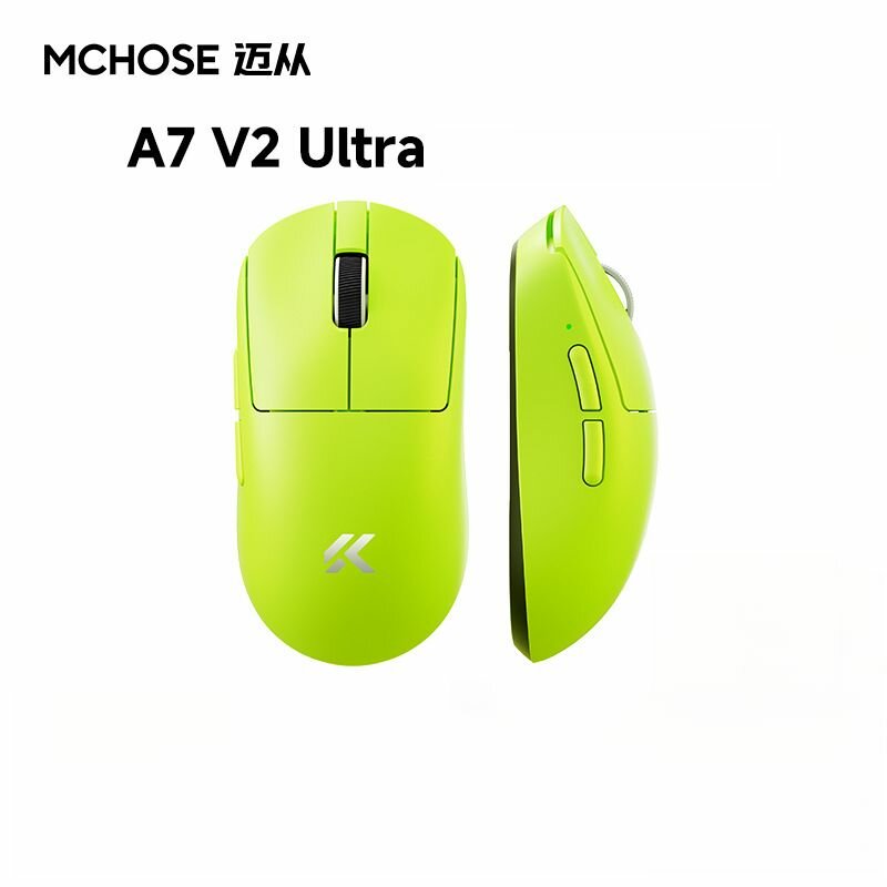 MCHOSE Игровая мышь беспроводная A7 V2 Ultra, сенсор PAW3950 Ti, Частота опроса проводная/беспроводная до 8К(Содержит 8к ресивер для мышек), Проводной/2.4G/BT, зеленый