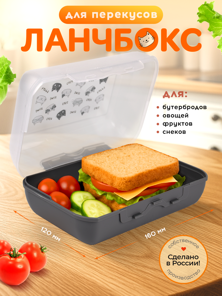 Ланч бокс детский в школу "Котики" с крышкой, контейнер для бутербродов, бутербродница, цвет серый