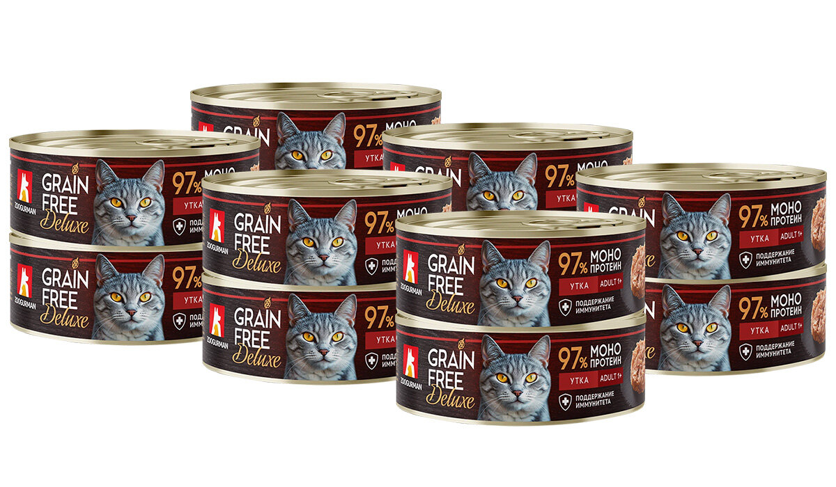 Корм влажный Зоогурман Grain Free Deluxe беззерновые для взрослых кошек, утка, 100 г х 12 шт