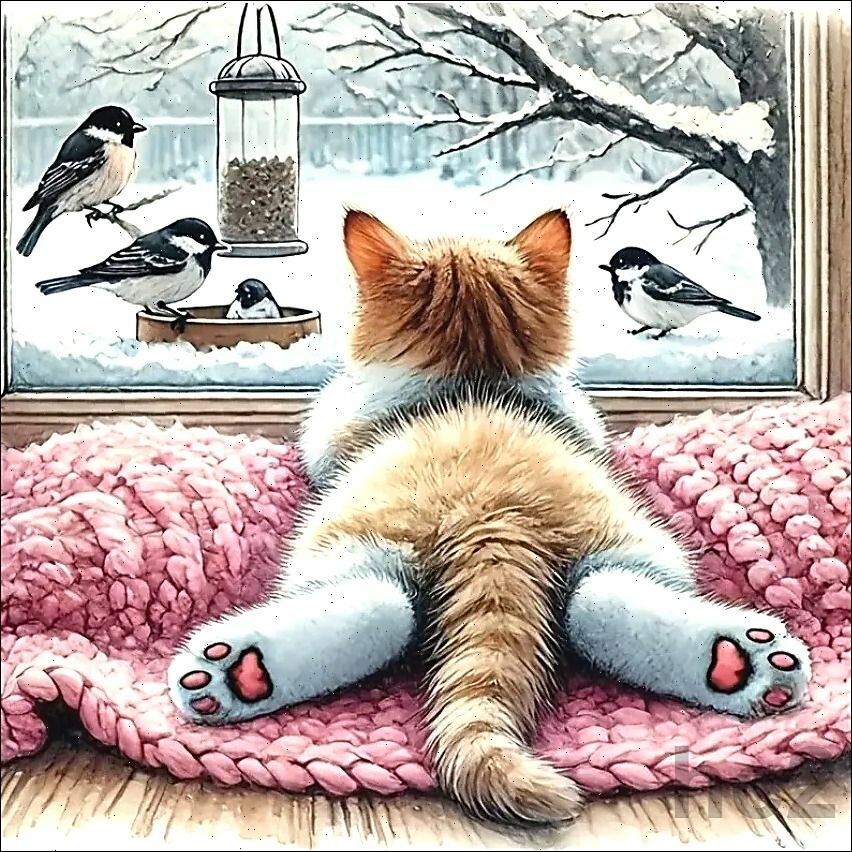 Алмазная картина "Кот у зимнего окна", 30x30 см. Набор для творчества: кошка, снег, птицы.