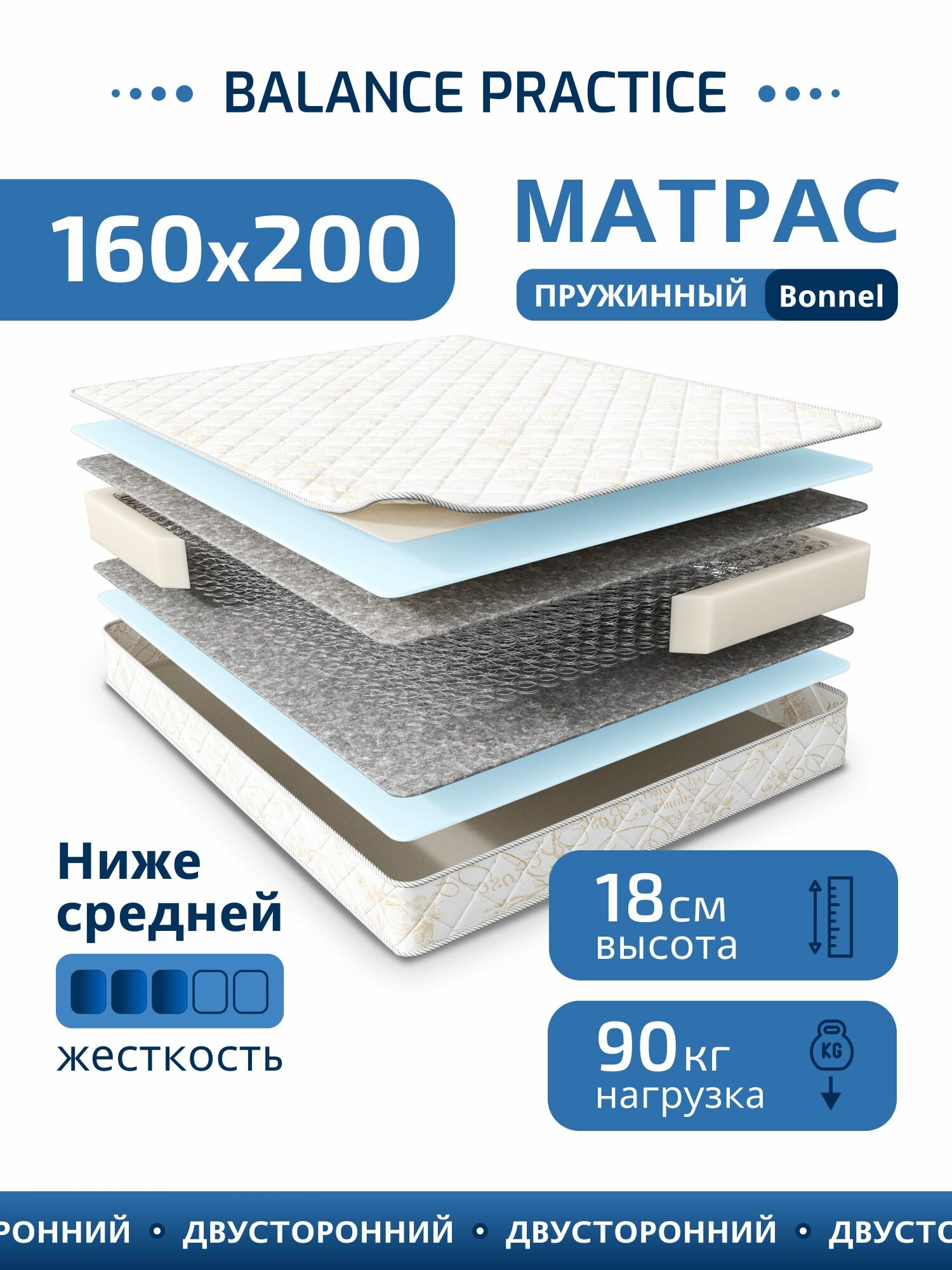 Матрас ортопедический пружинный 160x200 см BALANCE PRACTICE, Зависимые пружины, высота 18 см, 1 шт, белый
