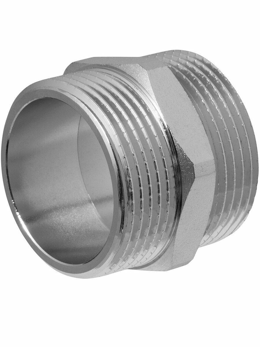 Ниппель (бочонок) латунный никелированный 1.1/4" н/н MPF, антикоррозийное покрытие