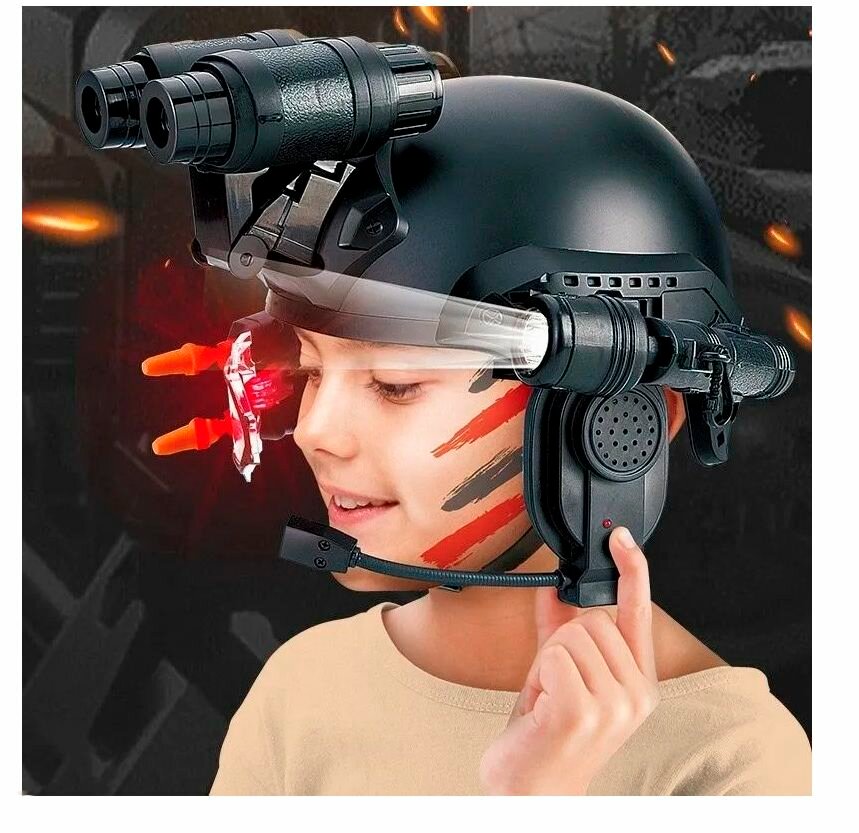 Тактический детский шлем, для страйкбола, орбибола, лазертага и косплеев с фонариком и лазером, черный