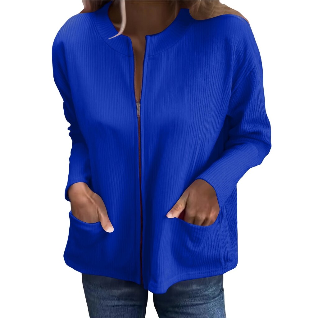 Женская легкая блузка-жакет с воротником-стойкой на молнии-темно-синий-S