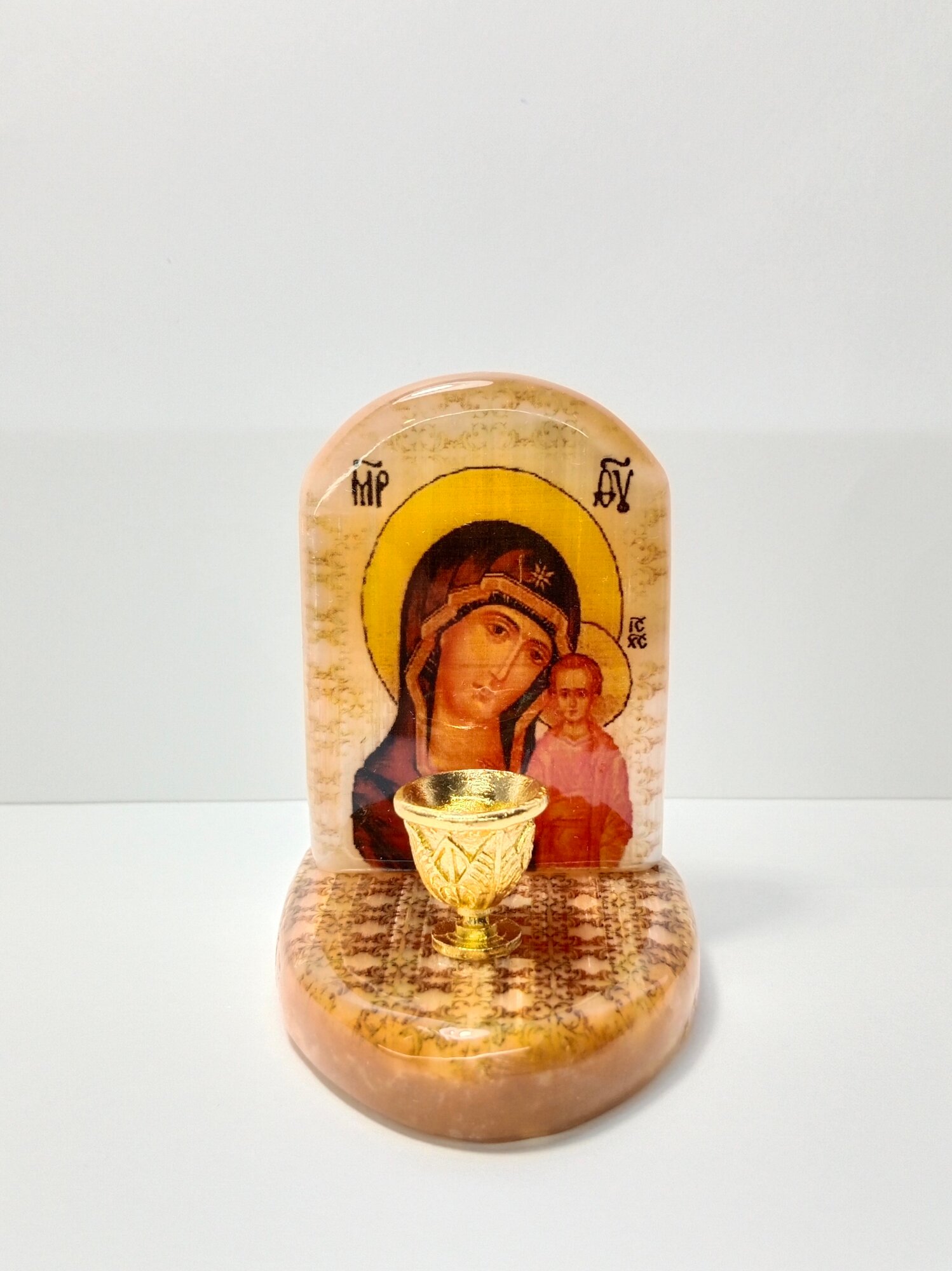 Икона из селенита с подсвечником "Б. М. Казанская" 7,5см