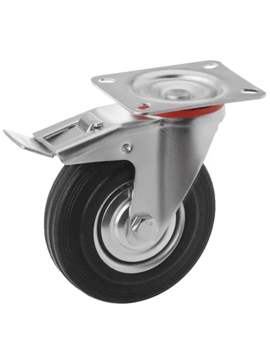 Ролик промышленный черная резина ZipFit SCB93 с платформой поворотный с тормозом d75-40кг