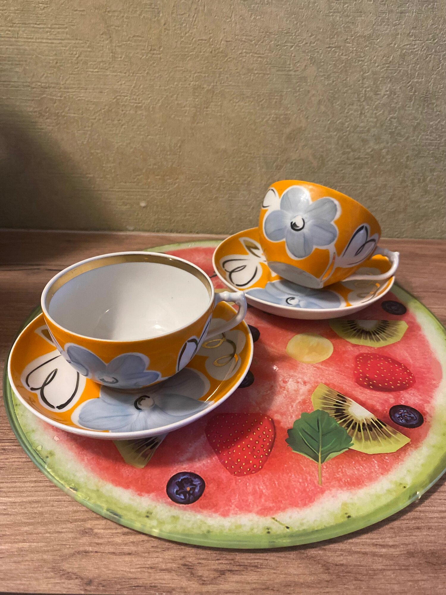 Чайная пара Дулево голубые цветы на оранжевом