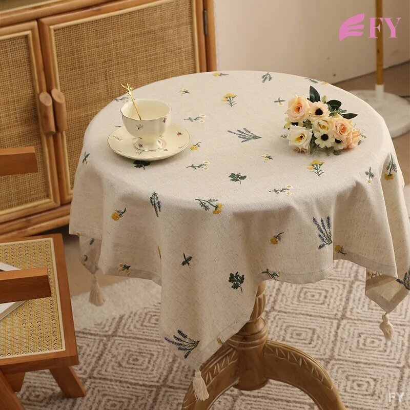Льняная скатерть с вышивкой 90*90cm lavender linen AУтолщенная скатерть для покрытия журнального столика