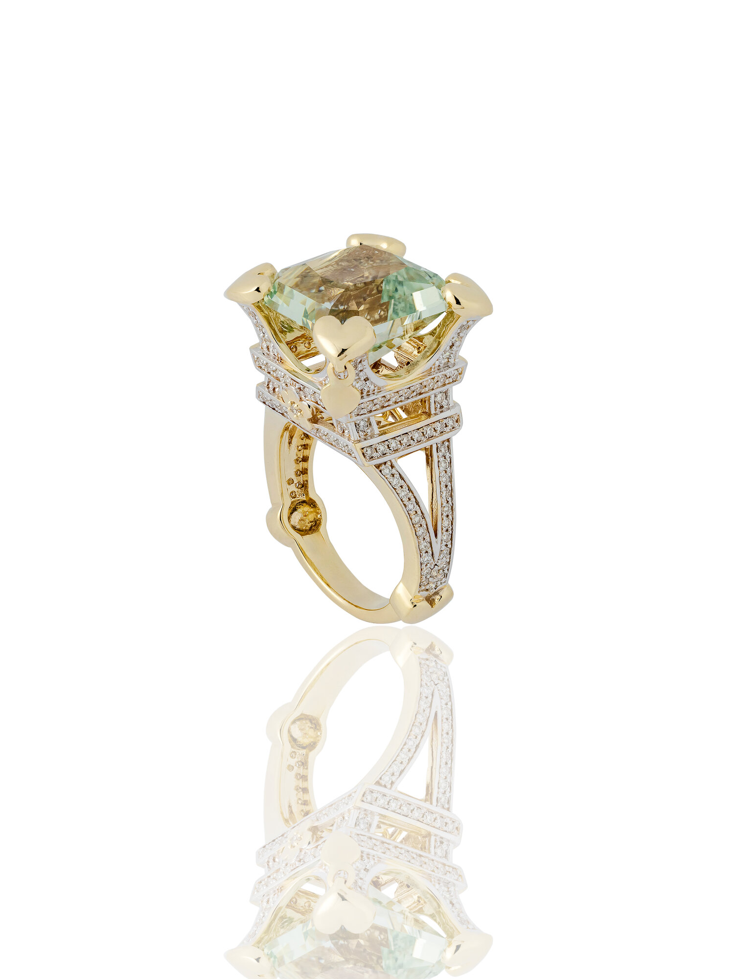 Кольцо, желтое золото, 585 проба, бриллиант, празиолит