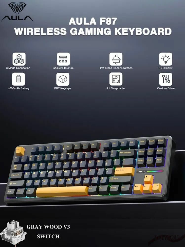 Клавиатура AULA F87, беспроводная, механическая, Bluetooth/USB-C, английская раскладка