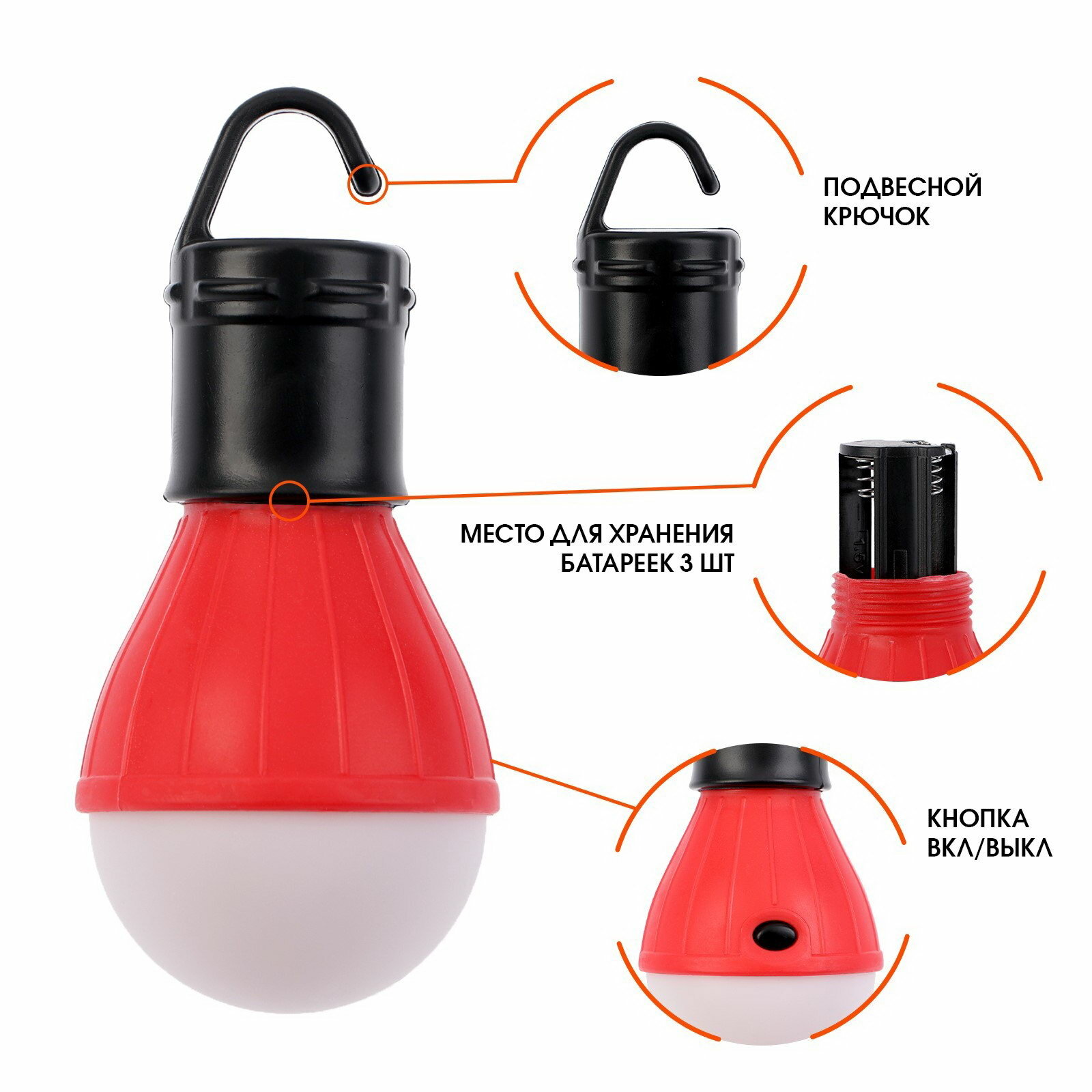 Фонарь кемпинговый, 60 Лм, 3 режима, от батареек 3xААА, 11x5 см, красный