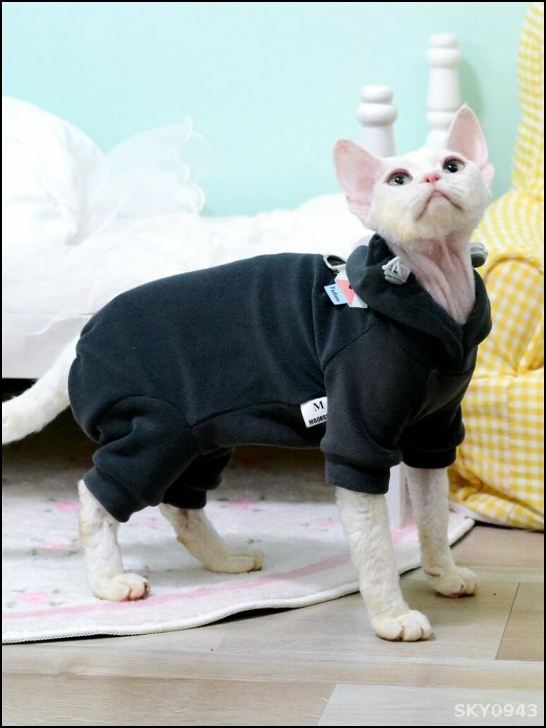 Эксклюзивный зимний комбинезон для сфинксов и короткошерстных кошек, цельнокроеная модель с капюшоном и Dобразным кольцом для выгула обеспечивает надежную теплозащиту