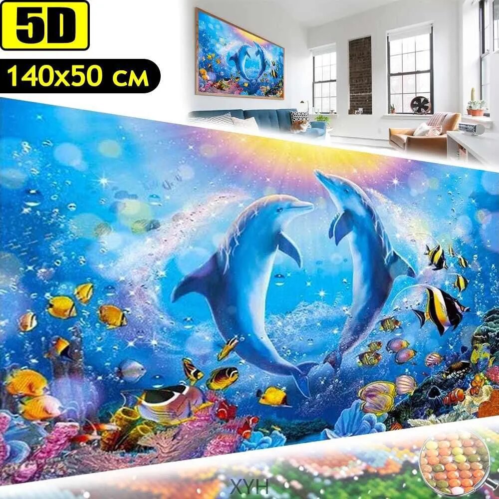 Алмазная мозаика "дельфин" / Алмазная вышивка / Круглая картина стразами Полная выкладка 140х50 см размер холста, 135х45 см размер картины(без подрамника, без рамки)