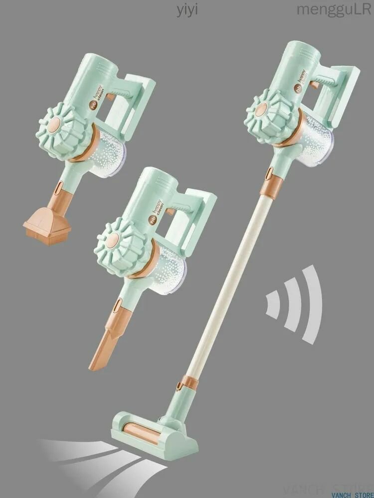 331881, Детский пылесос вертикальный CLEANING TIME от Happy Baby, набор для уборки детский для девочек и мальчиков, с 3 насадками, на батарейках, оливковый