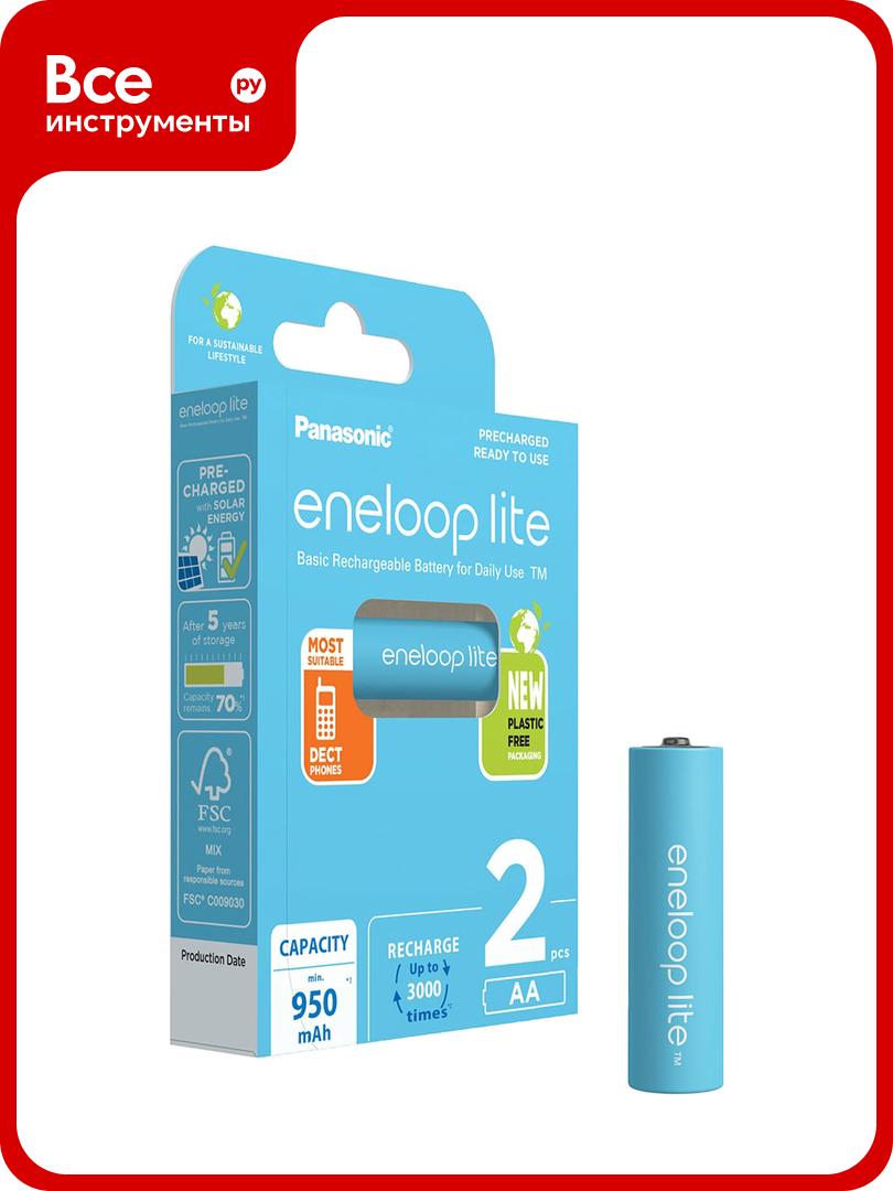 Аккумуляторы Panasonic eneloop lite BK-3LCCE/2BE 950mAh AA R6 BL2 417
