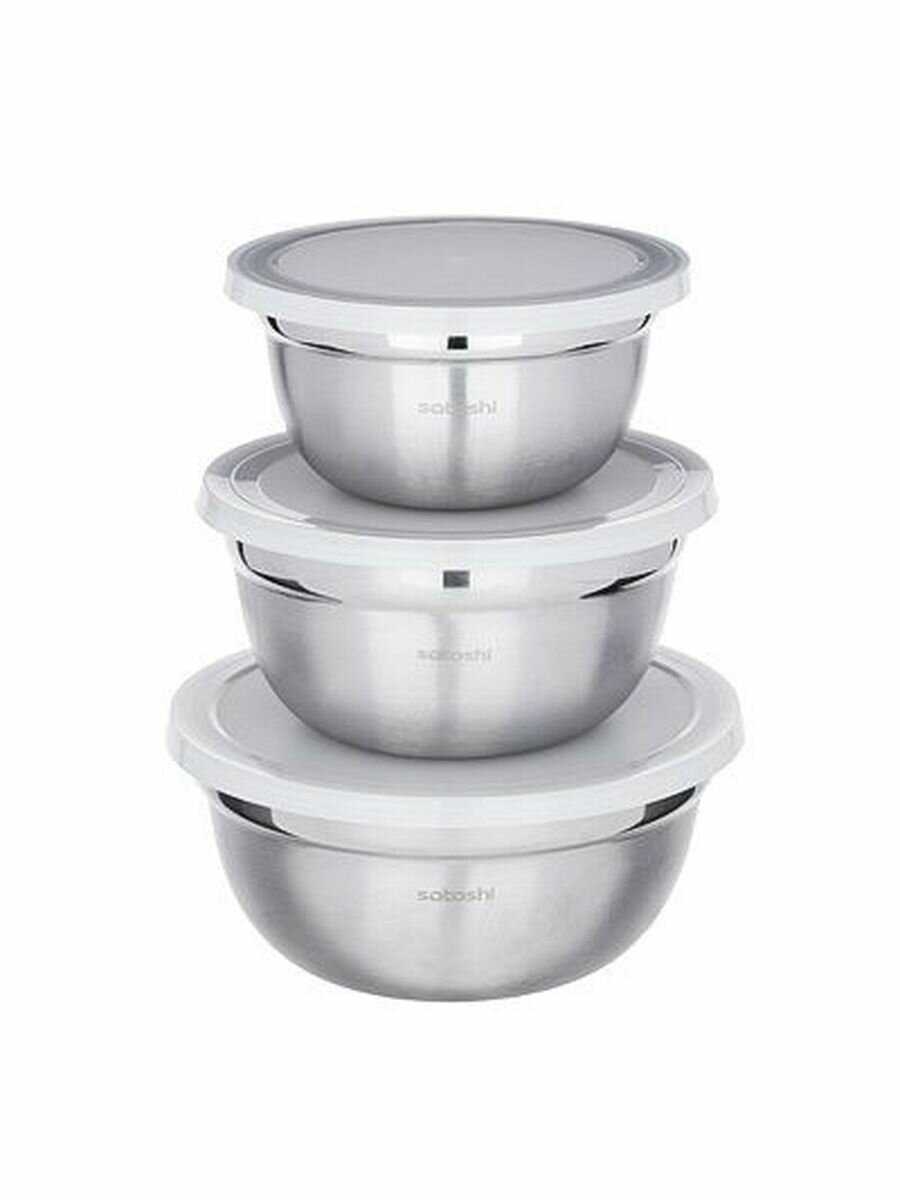 Набор салатников с пластмассовой крышкой, размеры 14, 16, 18см, нержавеющая сталь