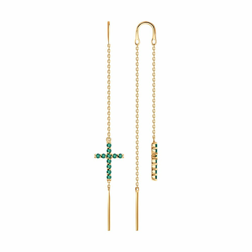 Серьги, красное золото, 585 проба, изумруд синтетический