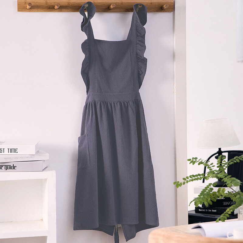 Фартук из хлопка и льна с кружевом в виде листьев лотоса для домашнего использования, с возможностью нанесения логотипа, в японском и корейском стиле, для кухни и кафе