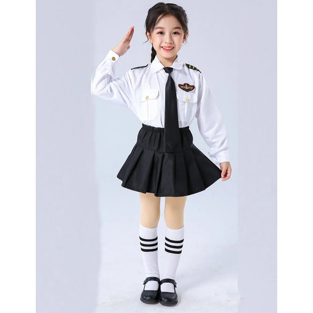 Детский костюм пилота и бортпроводника, униформа для ролевых 3-4Years-Tag110cm, Girls-LongSleeves