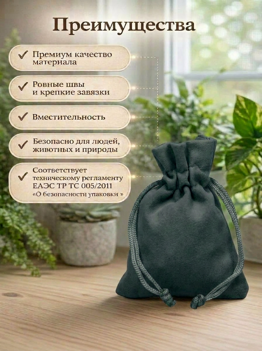 Мешочки бархатные 7х9 см для хранения украшений и упаковки подарков — фото 1