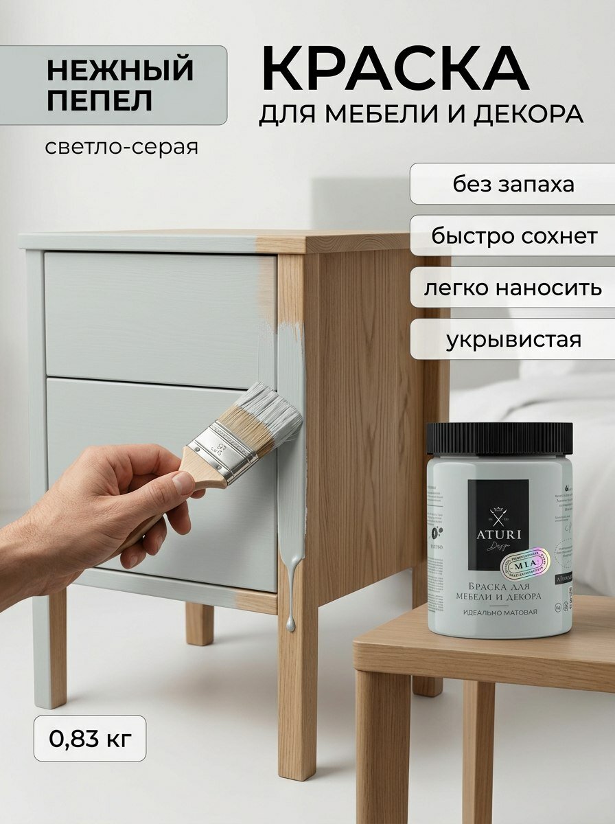 Краска для мебели и дерева Aturi Design Mia 0,83 кг Нежный пепел меловая матовая быстросохнущая без запаха светло серая