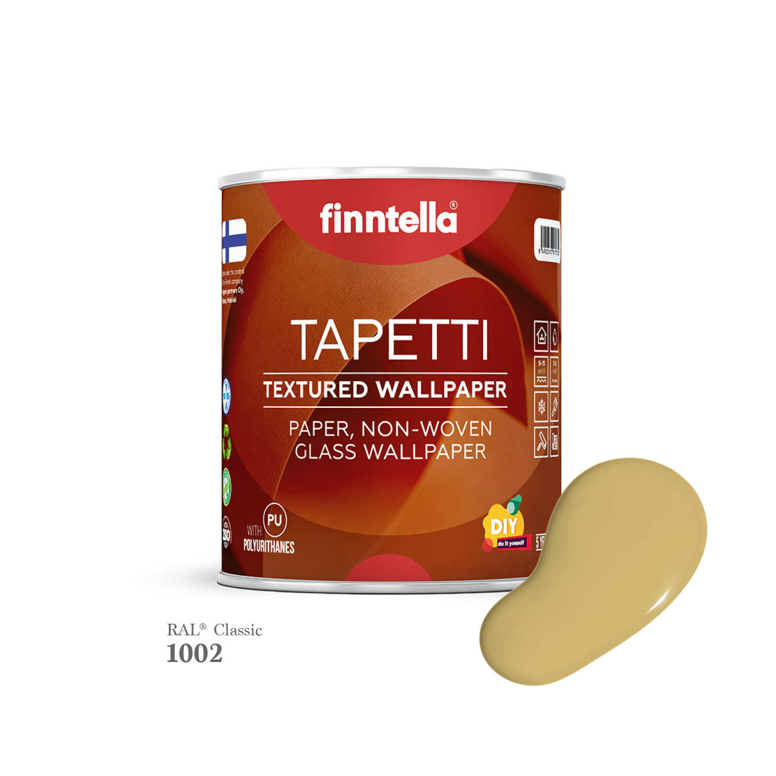 Шелковисто-матовая краска для обоев под окраску TAPETTI SILKKI Matta FINNTELLA, Цвет RAL 1002 Песочно-желтый (Sand yellow), 0,9л