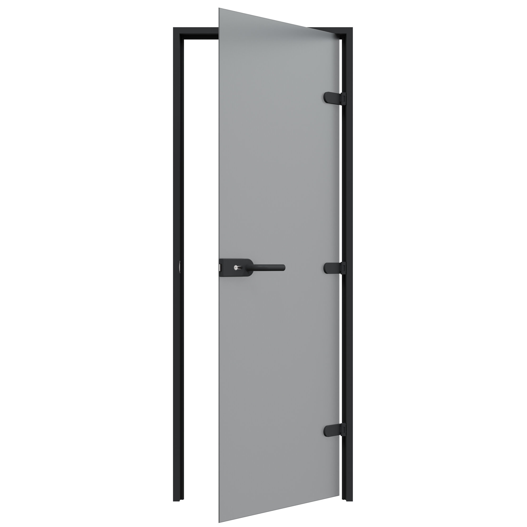 Дверь стеклянная с замком Gratec Alma BK, чёрные короб и фурнитура, серое матовое закаленное стекло 8 мм, правое открывание