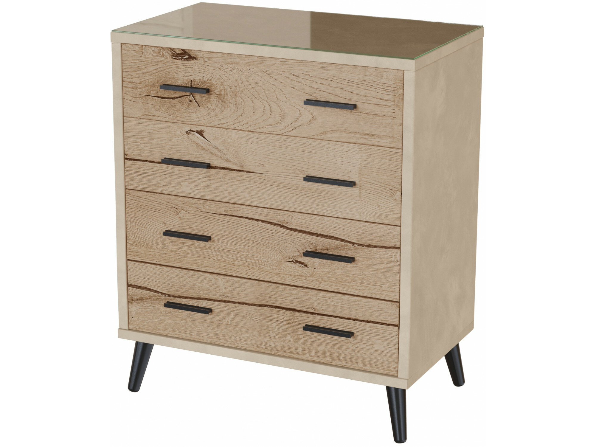 Комод интерьерный с 4 ящиками, с мягкой обивкой, 80х45х93 , велюр  бежевый/мдф дуб канадский