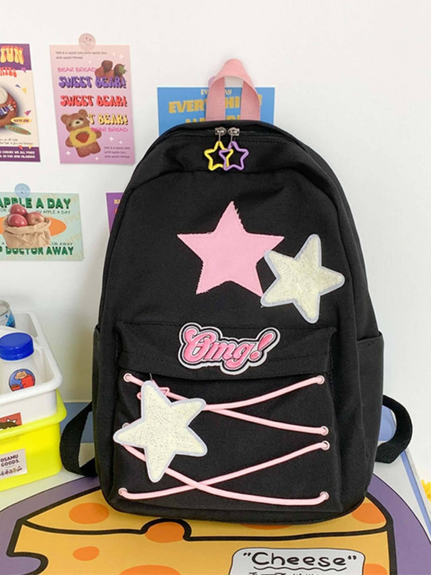 Рюкзак школьный для девочки черный / Рюкзак корейский Y2K милый для школы модный со звездами SQNKJ