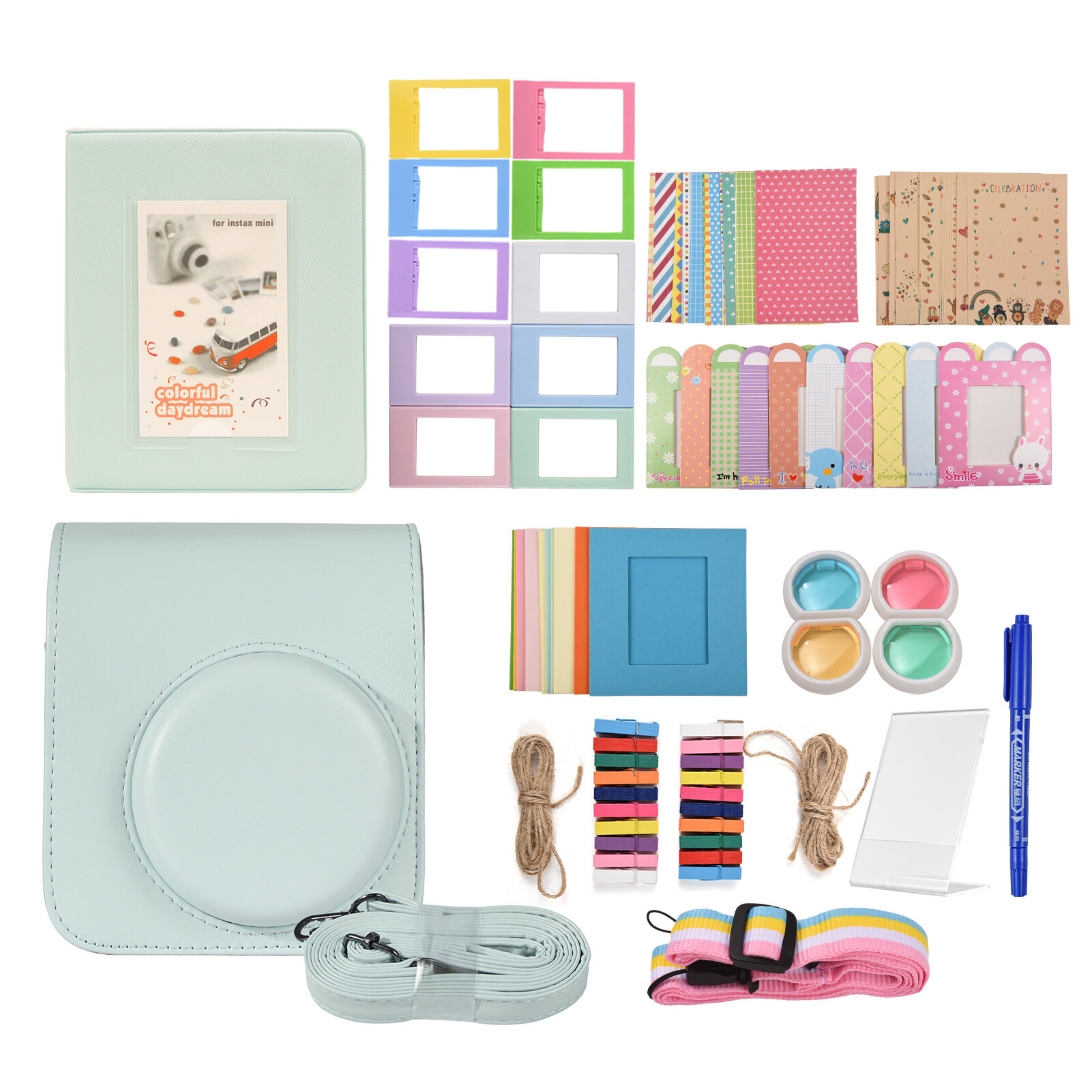 Комплект сменных аксессуаров для камеры мгновенной печати Fujifilm Instax mini 12 с сумкой для камеры, ремнем для камеры, фотоальбомом, фотозажимами, фоторамкой, наклейками и ручкой