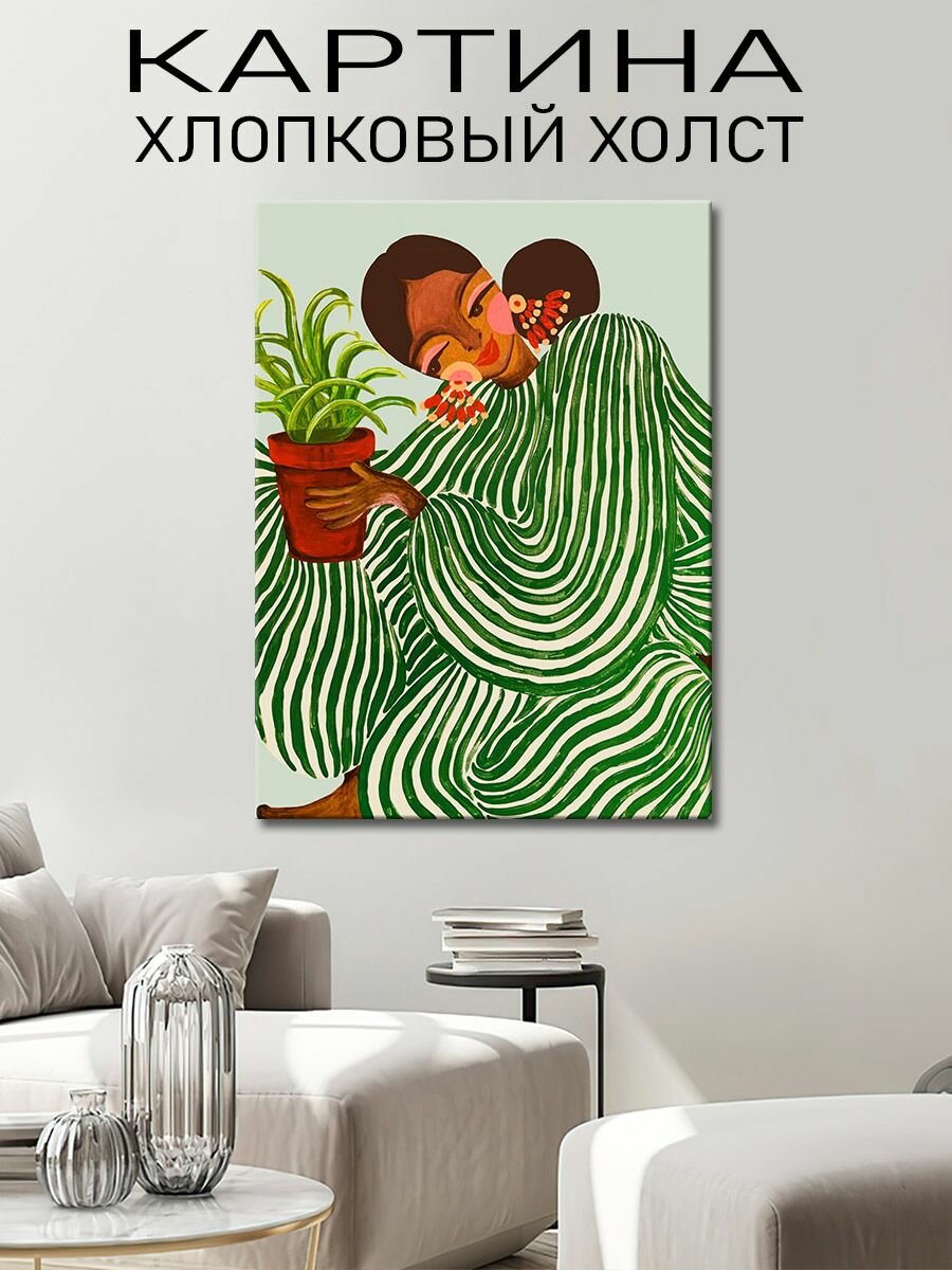 Современная картина на холсте для интерьера/Девушка абстракция линии, ботаника