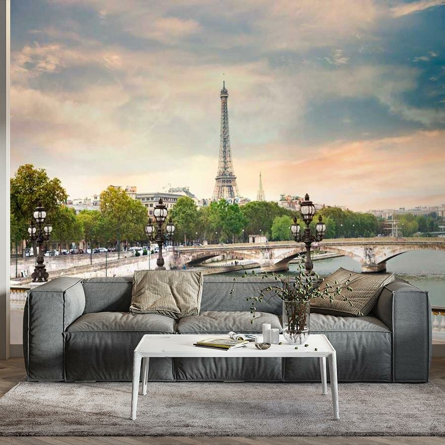 Фотообои Париж Эйфелева башня в спокойных тонах 9-764-S-Флок 270 x 200 см (ВхШ) Бесшовные, флизелиновые, влагостойкие обои MasterFresok