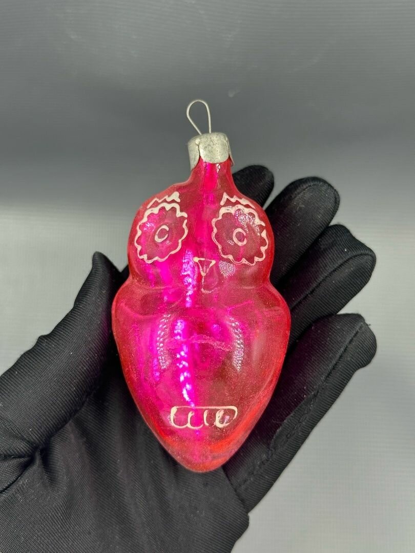 Елочная игрушка Розовый Филин, Сова Длина 9 см Стекло СССР