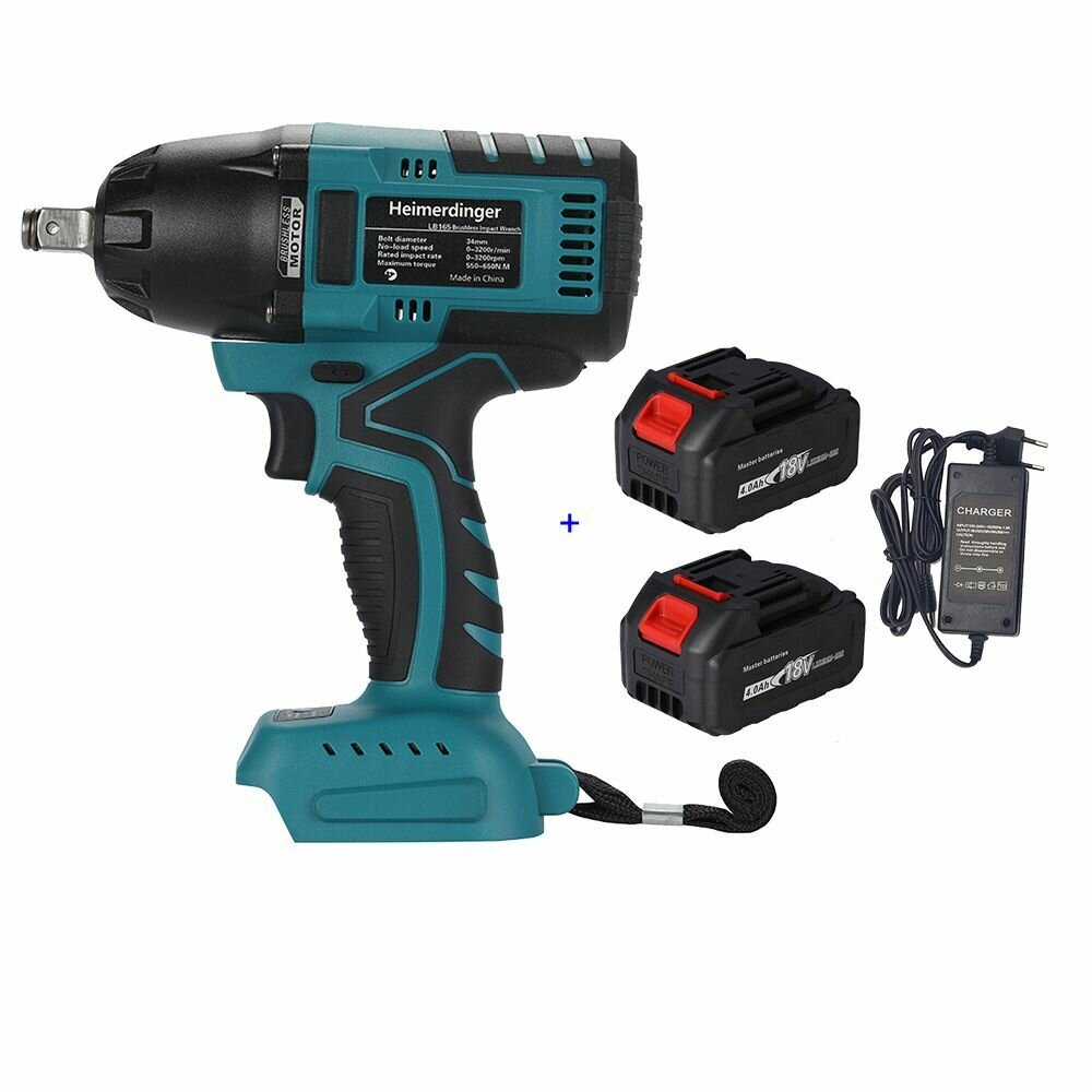 Бесщеточный аккумуляторный гайковерт Heimerdinger LB165, квадрат 1/2", 650 Нм, 2х4,0 Ач Li-Ion