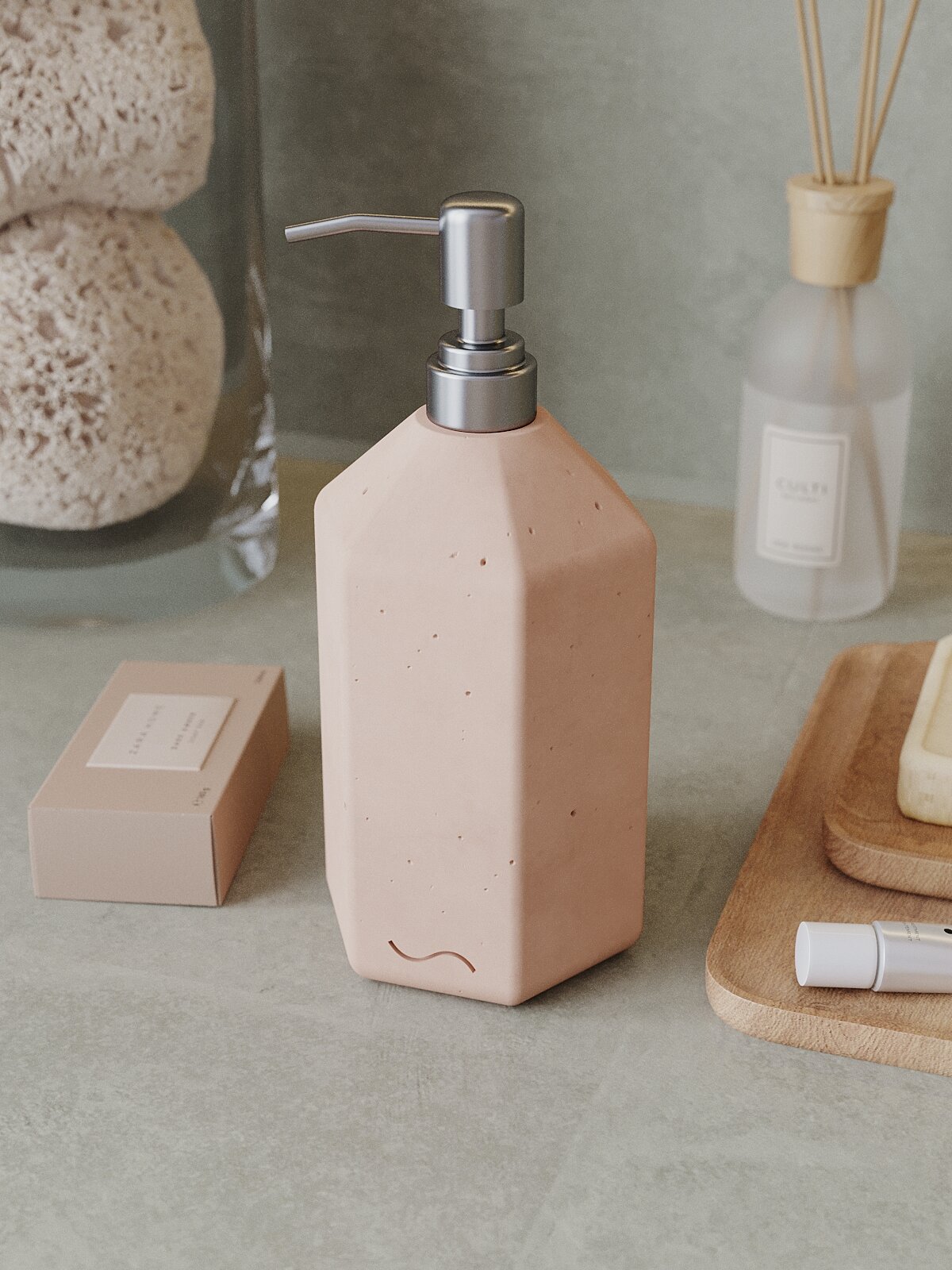 Дозатор для жидкого мыла Sakura, 400 мл, диспенсер для мыла с металлической помпой, из бетона, розовый матовый